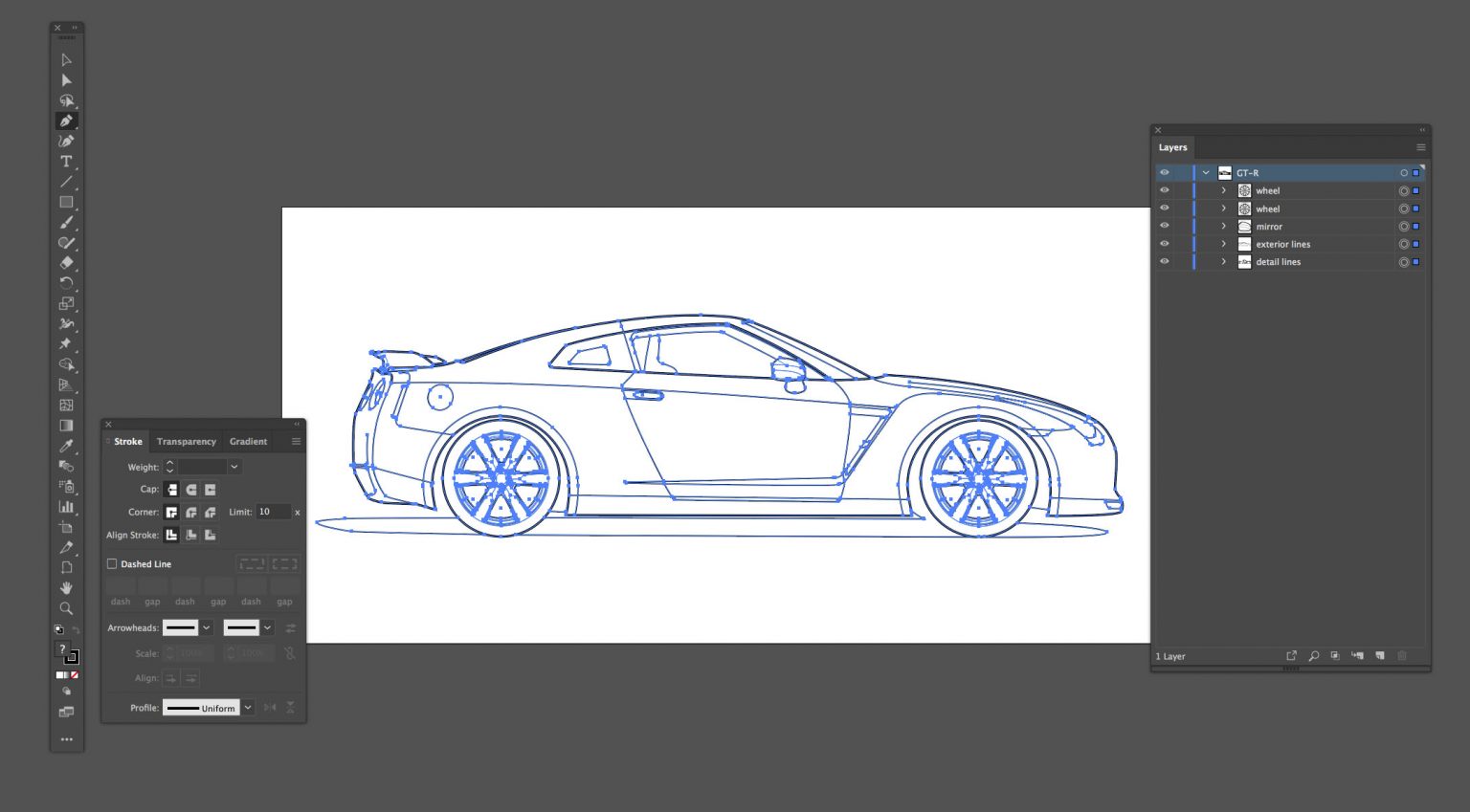 Side view vector line drawing of a Nissan GT-R – TrashedGraphics